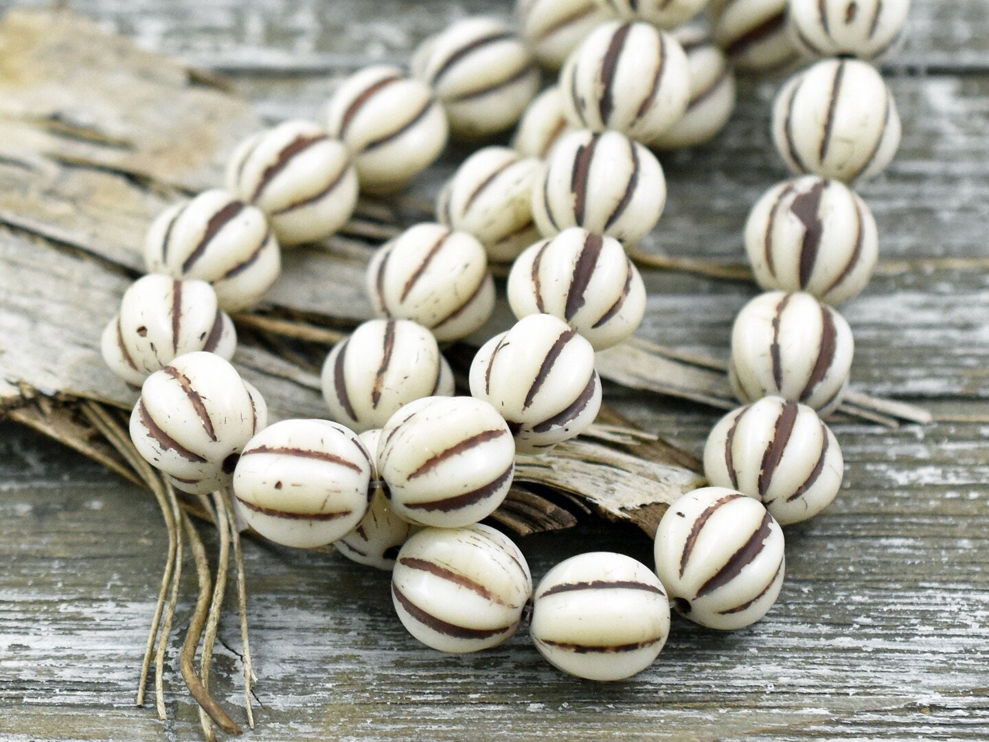 Brown Washed Opaque Ivory Fluted Round Melon Beads -- Choose Your Size ...