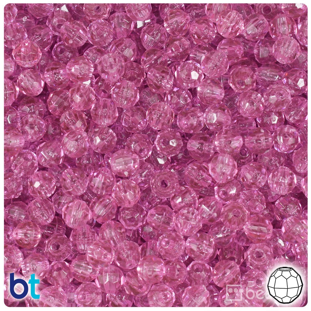 BeadTin Light Fuchsia Transparent 6mm Faceted Round Plastic Craft Beads ...