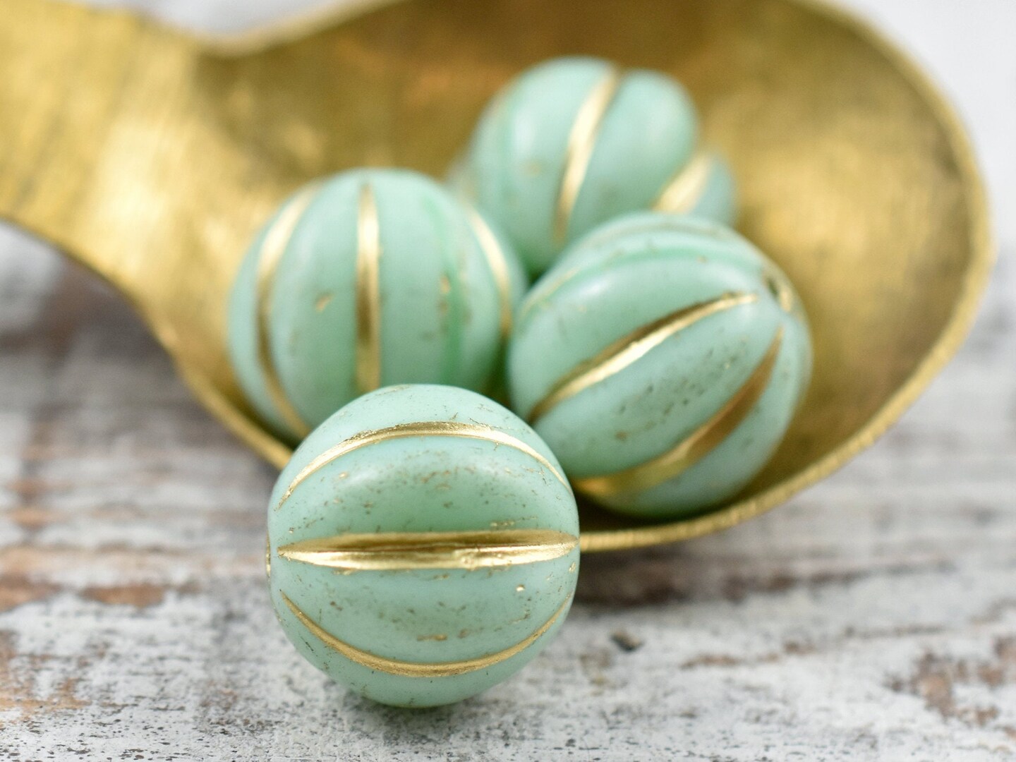*4* 14mm Gold Washed Mint Green Round Melon Beads | Michaels