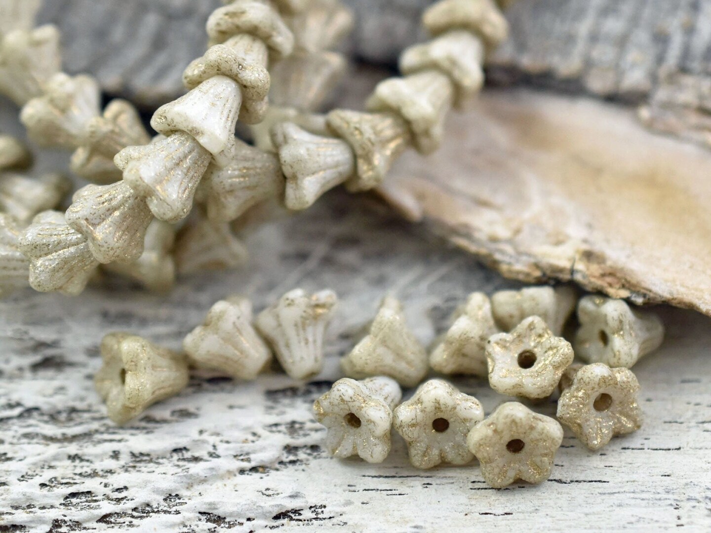 *30* 5x6mm Gold Washed Etched Matte Opaque Ivory Bell Flower Beads ...