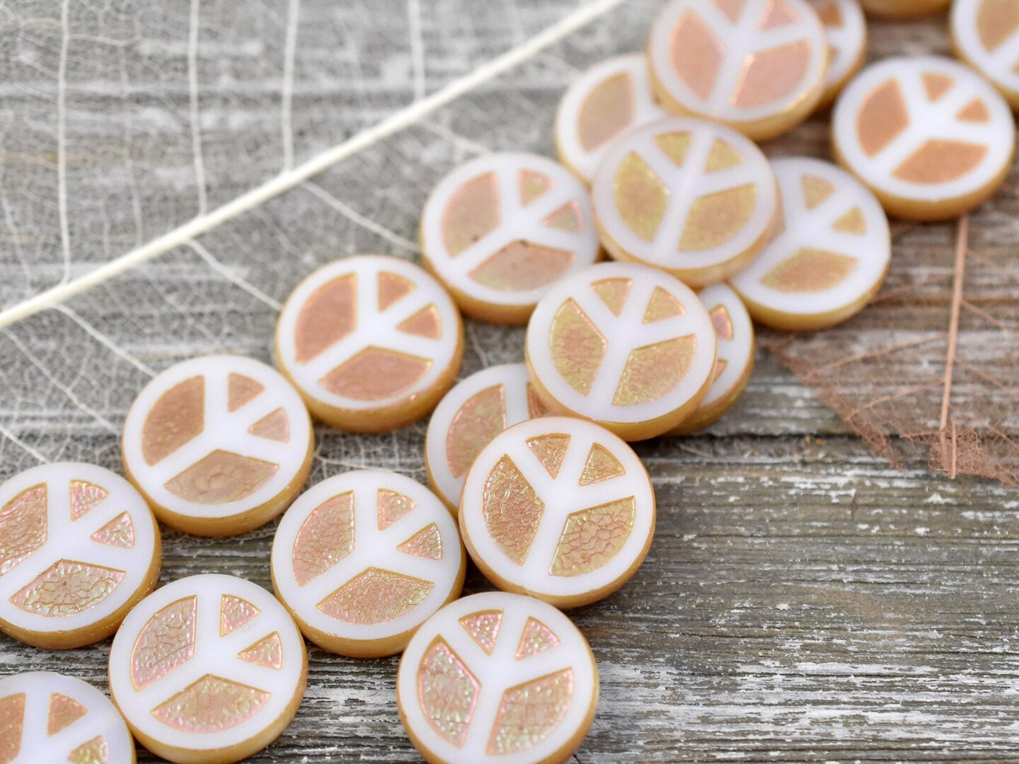 *2* 16mm Golden Pink Washed Table Cut White Opal Peace Sign Coin Beads ...