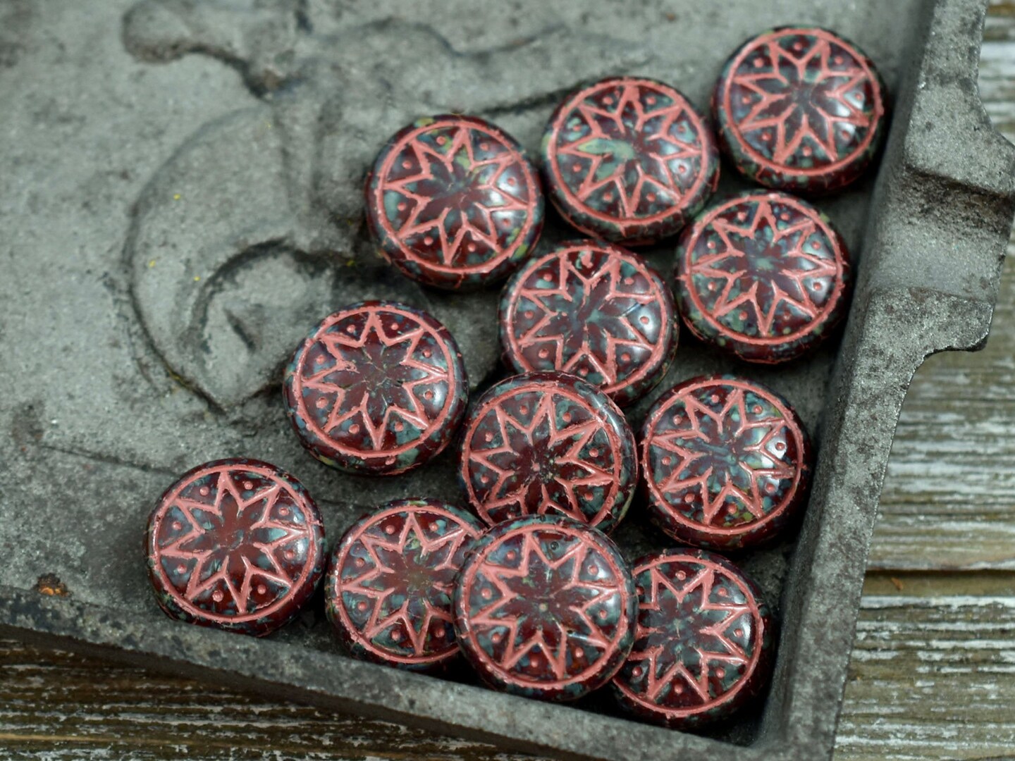 *6* 13mm Red Washed Opaque Chocolate Travertine Ishtar Coin Beads ...