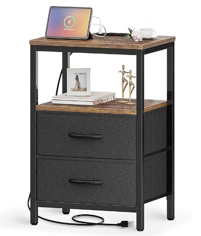 Bedside Table with USB Ports and Outlets, End Table with Open Shelf ...