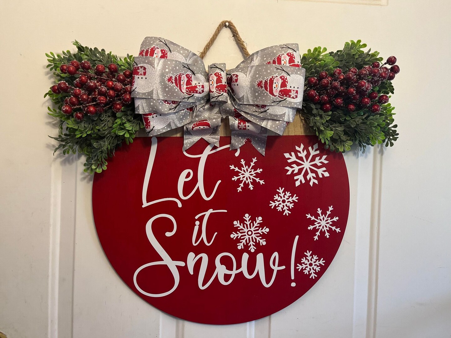 Let it Snow Christmas Door Hanger, Round Christmas Door Hanger, Red ...