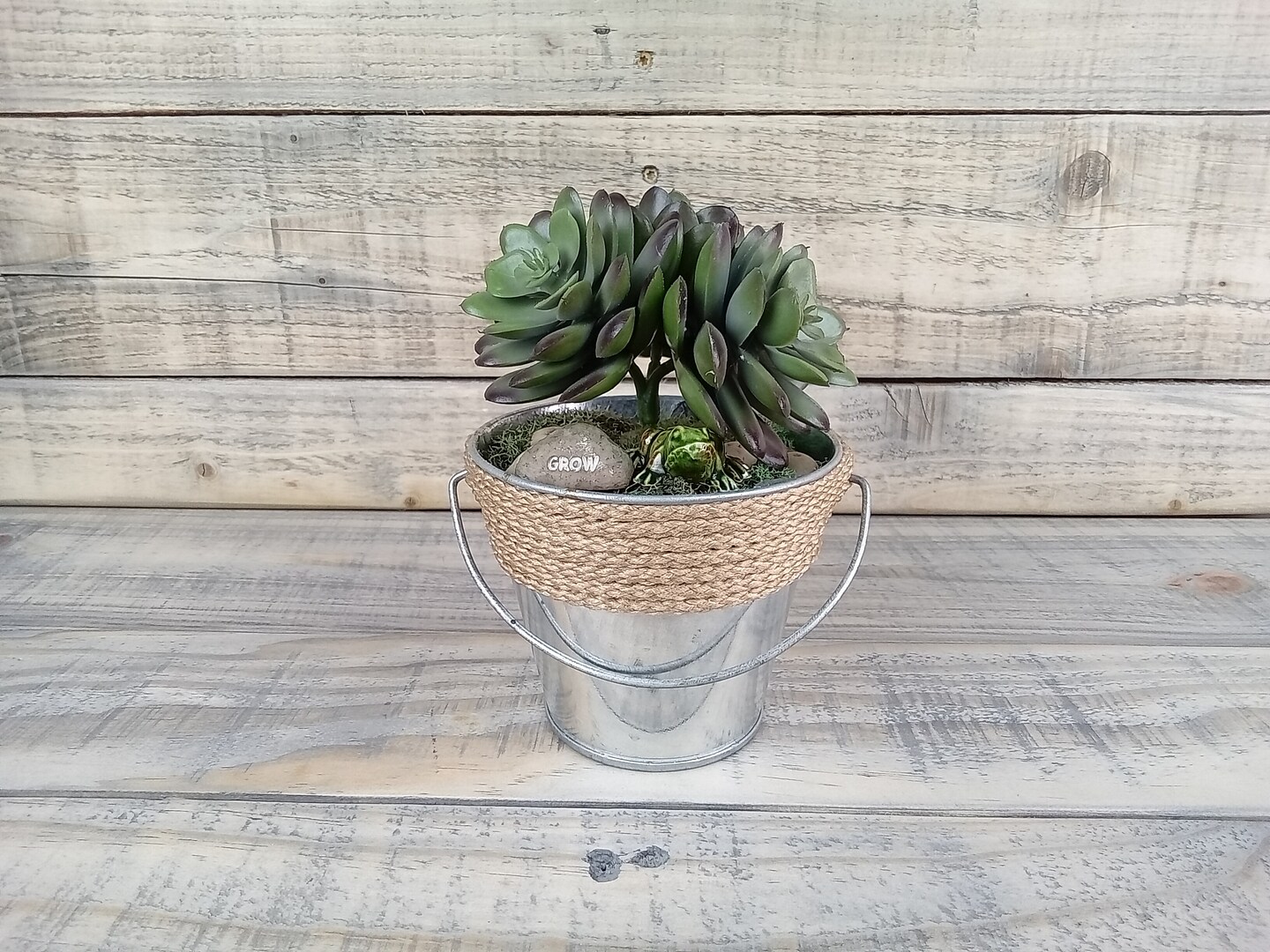 Handmade Artificial Succulent in Tin Pail Bucket 6" Home Decor Faux ...