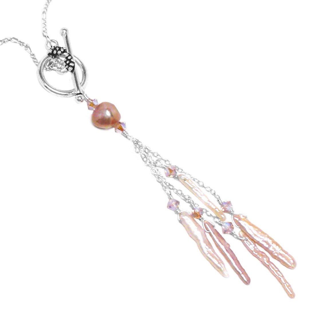 Peach Cultured Freshwater Pearl Stick 5 Five Dangles Y-Drop Chain ...