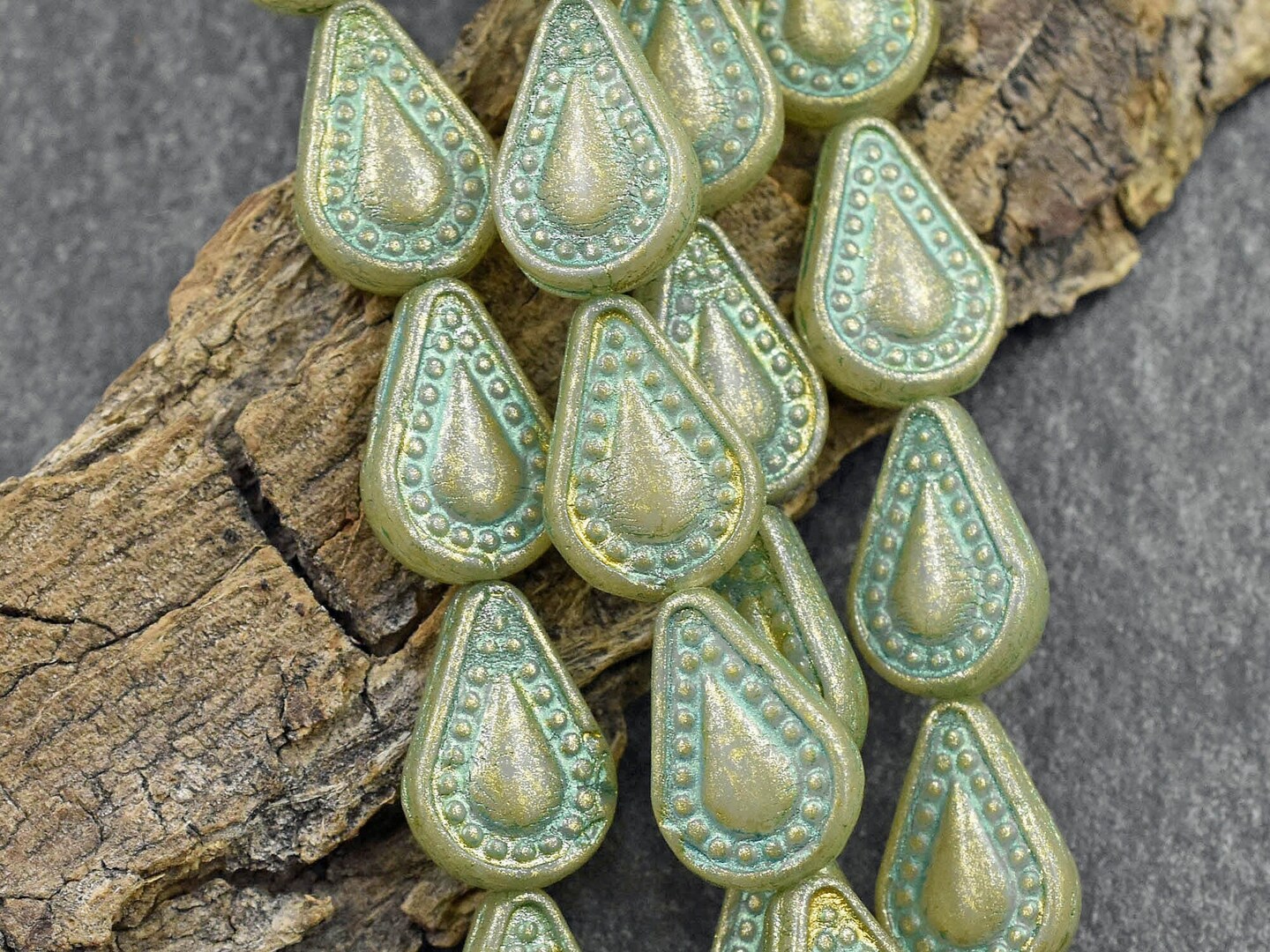 *8* 14x10mm Gold & Green Washed Sage Green Filigree Tear Drop Beads ...