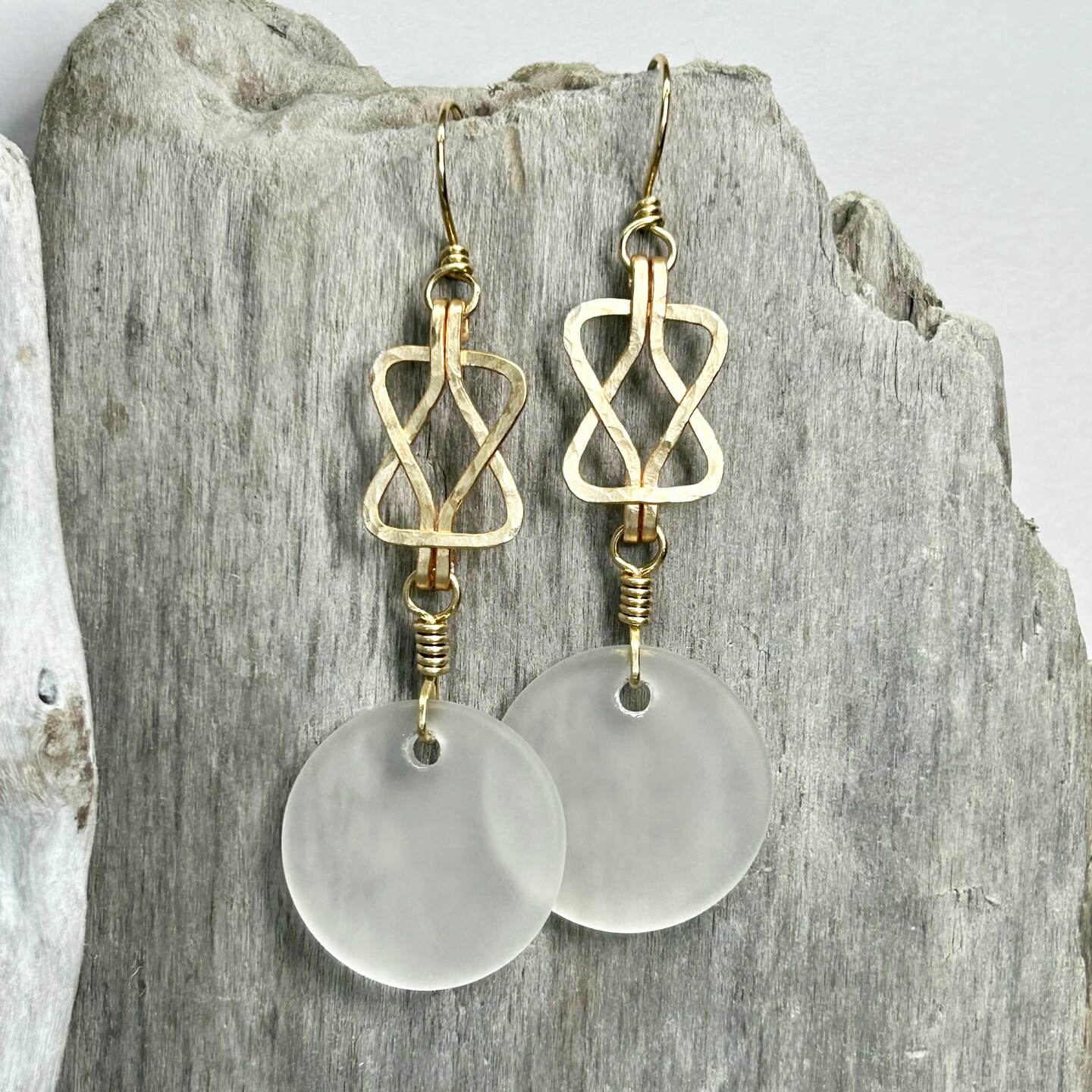 Gold Triangle Love Knot with Large Seaglass Disc Statement Earrings ...