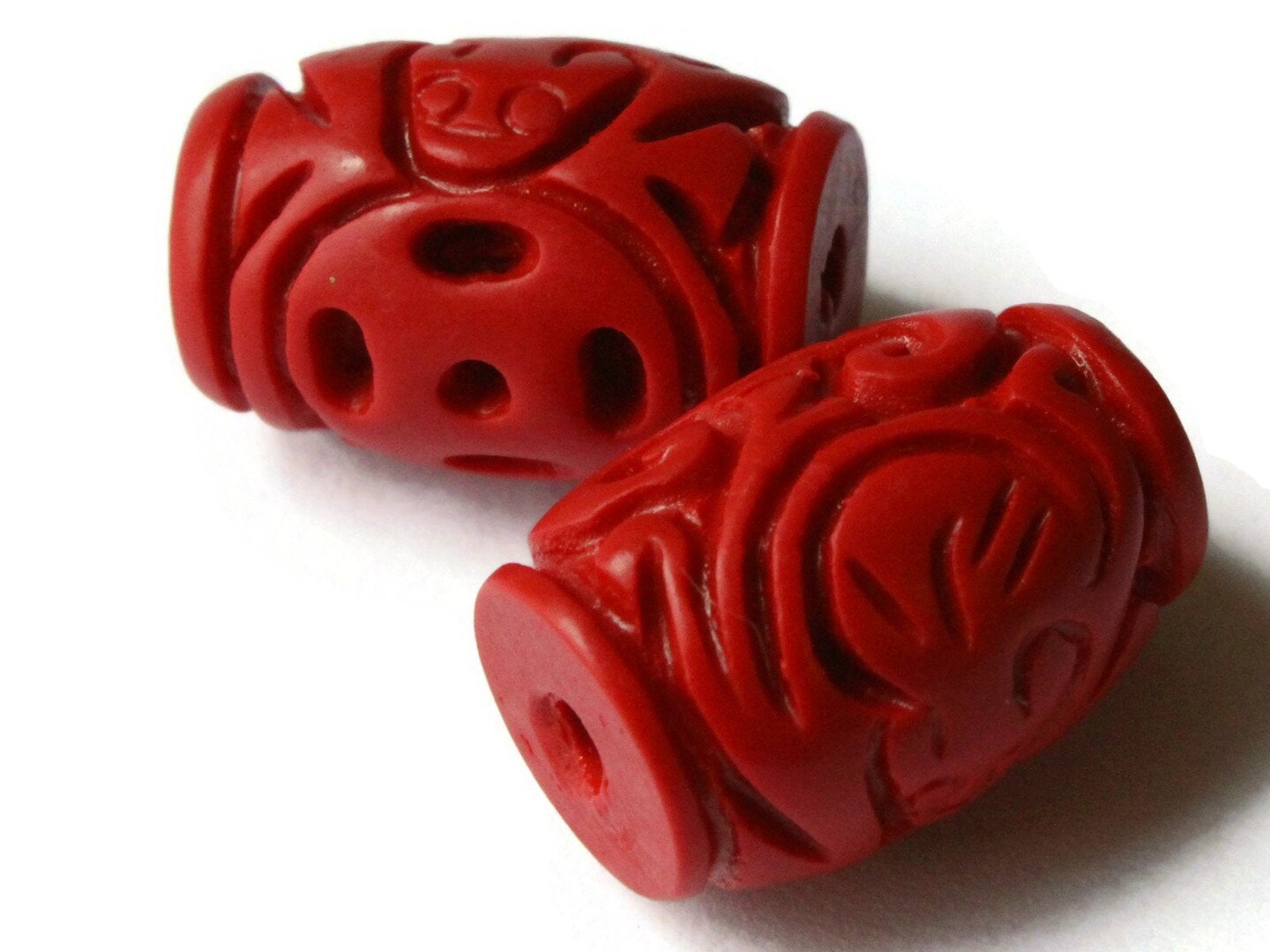 2 Carved Cinnabar Barrel Beads Loose Lacquer Tube Beads Red Patterned ...