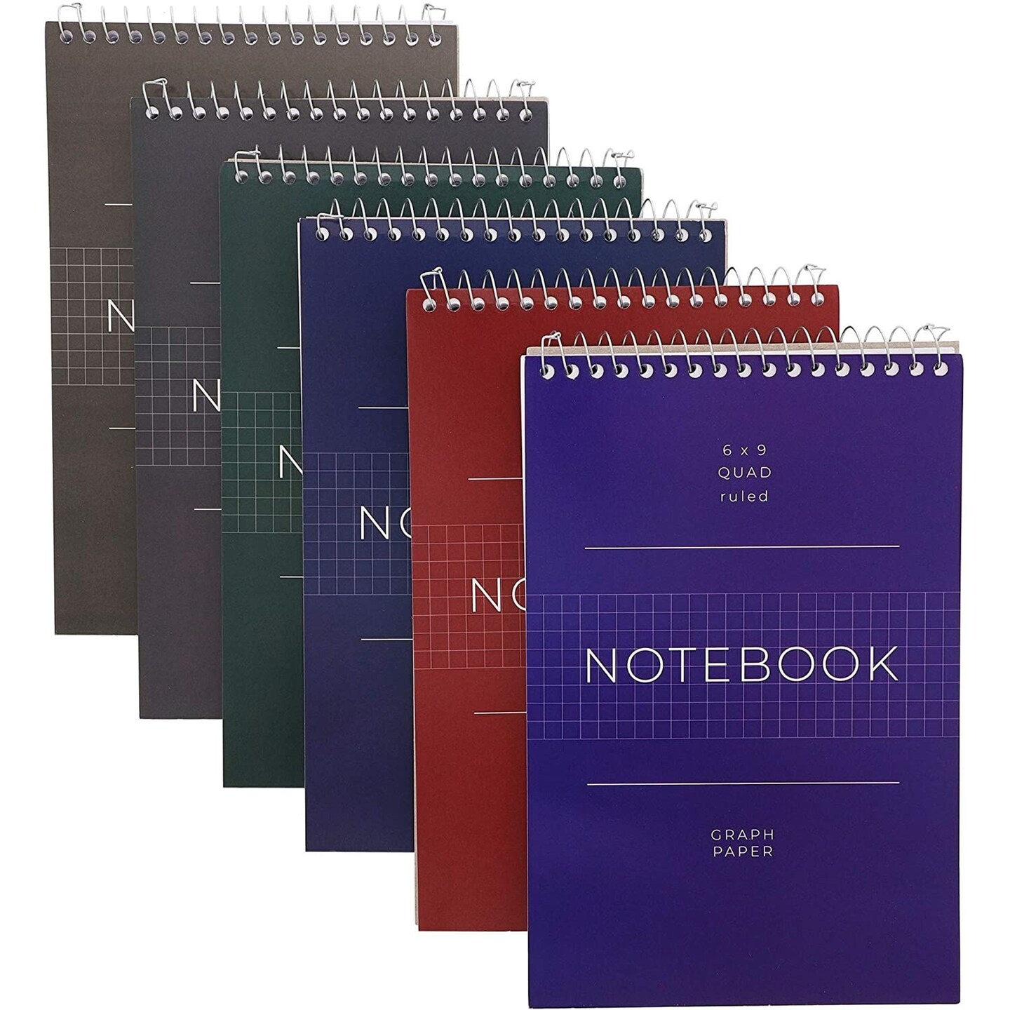 6 Pack Quad Ruled 6x9 Inch Top Bound Spiral Graph Paper Notebook 80