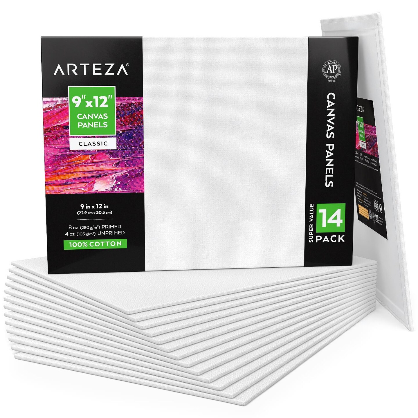 Arteza Canvas Panels, Classic, 9"x12", White, Blank Canvas Boards for ...