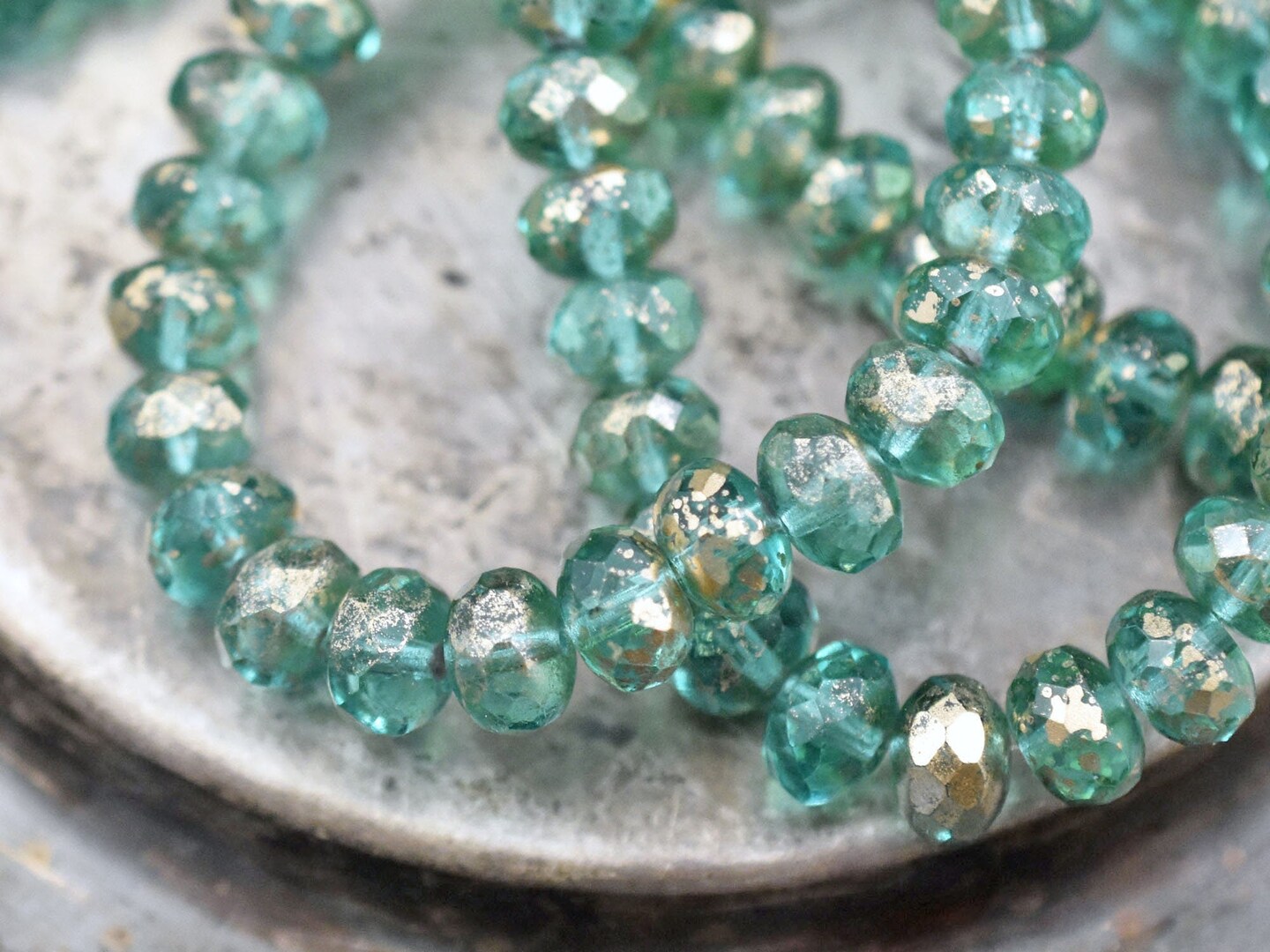 *25* 6x8mm Antique Gold Washed Green Aqua Fire Polished Rondelle Beads ...