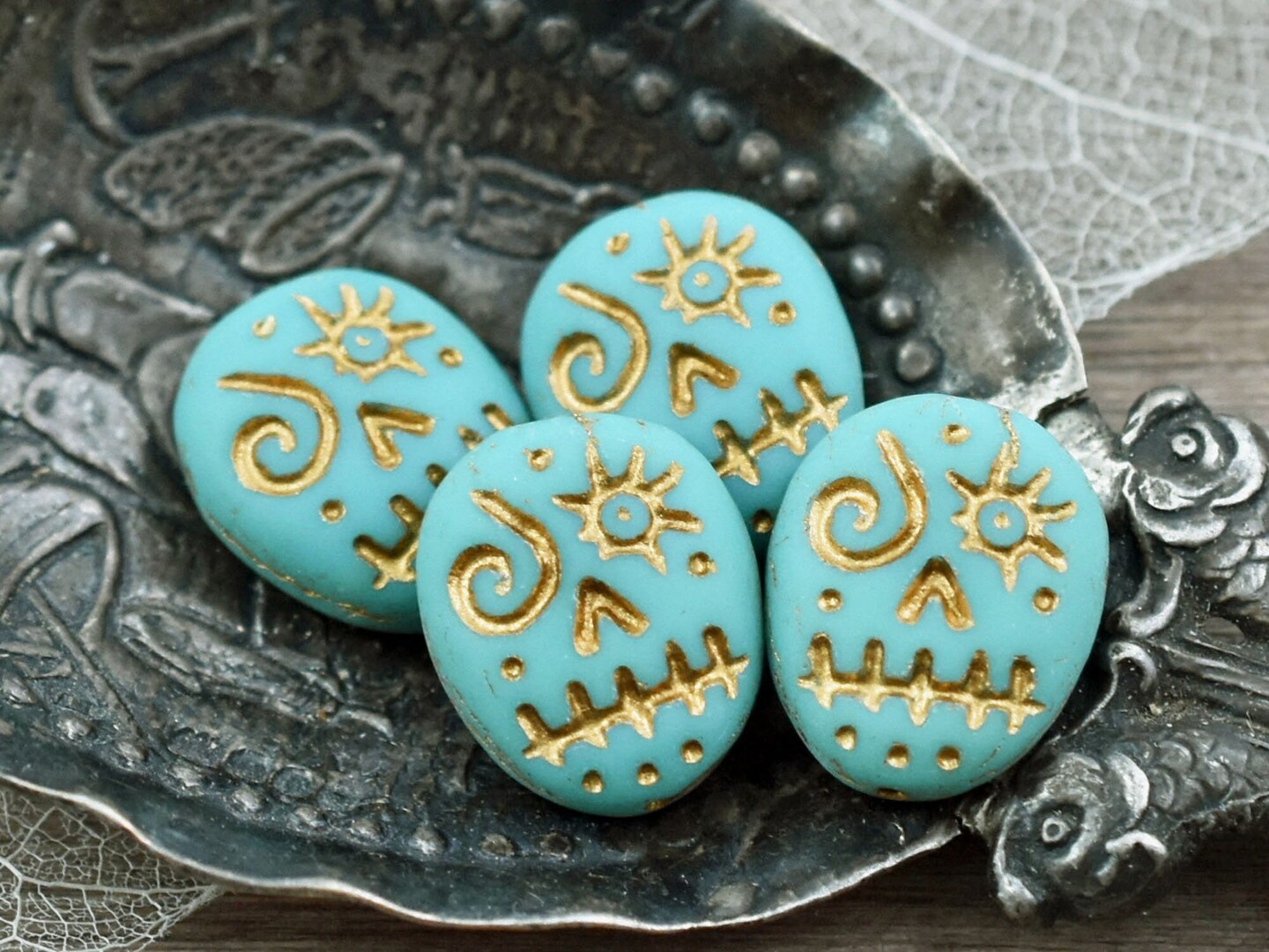 *4* 15x13mm Gold Washed Matte Turquoise Voodoo Face Beads | Michaels