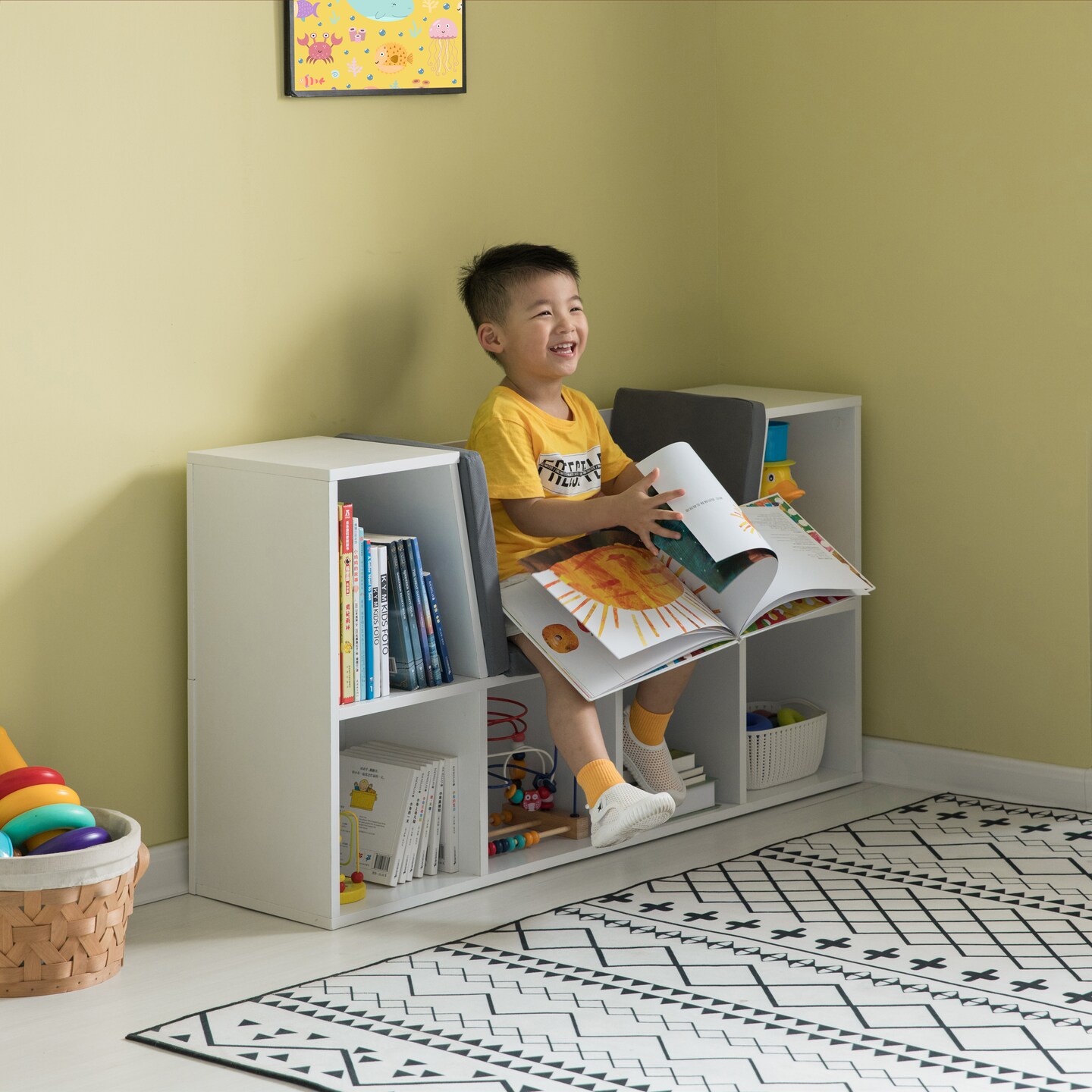 Modern Multi-Purpose Bookshelf with Storage Space and Gray Cushioned ...
