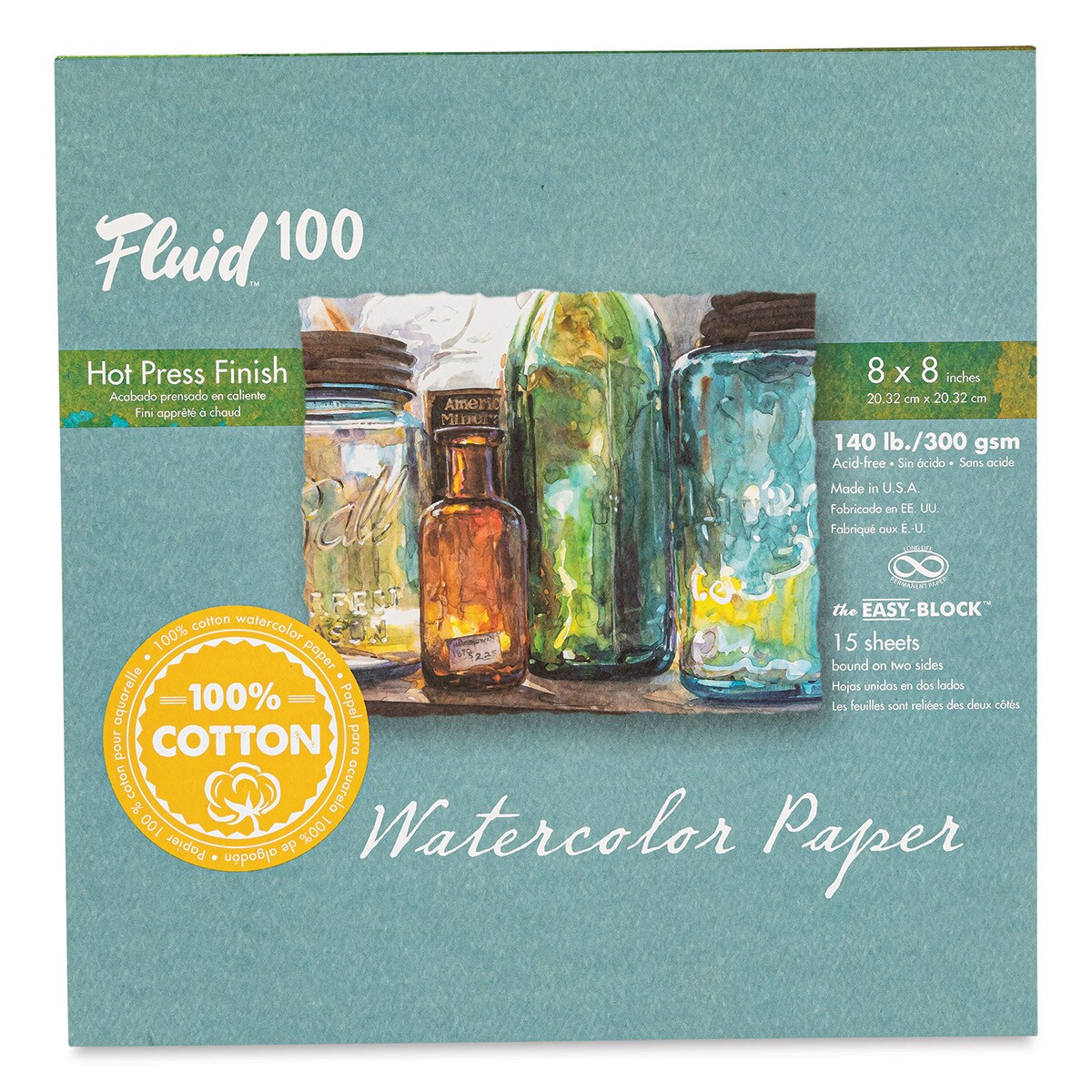 Fluid 100 Watercolor Paper Block - 8" x 8", Hot Press, 140 lb, 15 ...