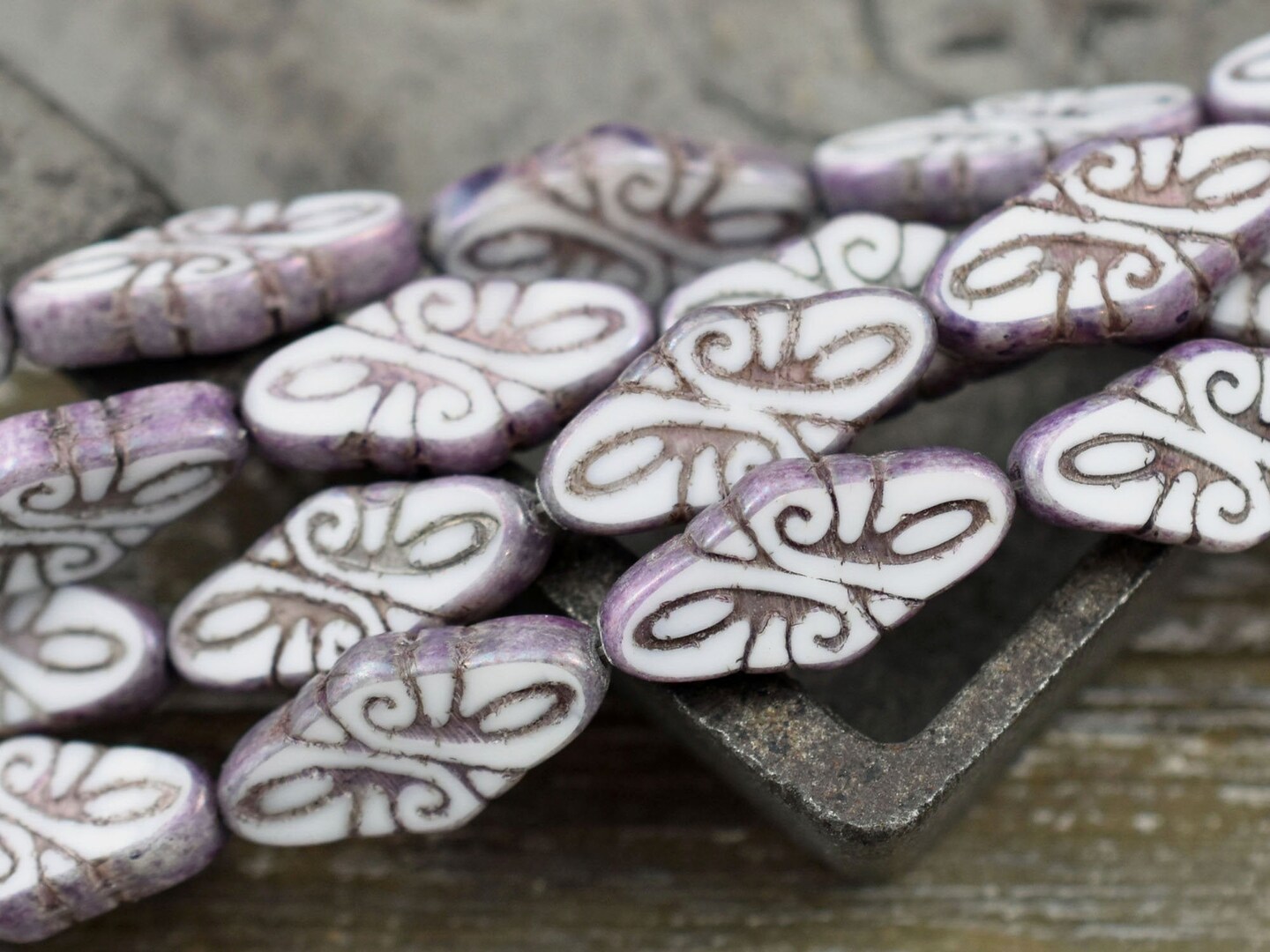 *4* 19x9mm Purple Bronze Washed Opaque White Table Cut Arabesque ...