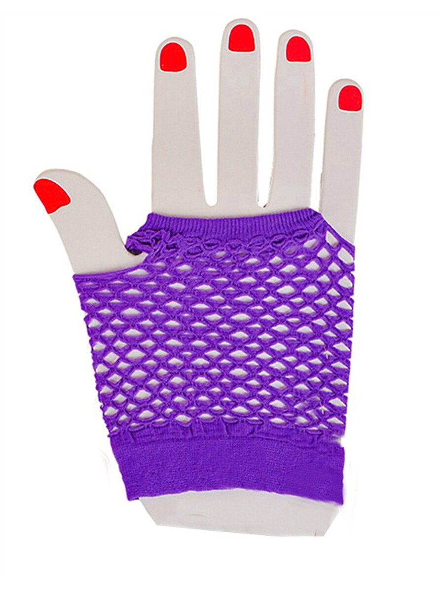 Adults Neon Purple Fishnet Fingerless 80s Rock Costume Half Gloves ...