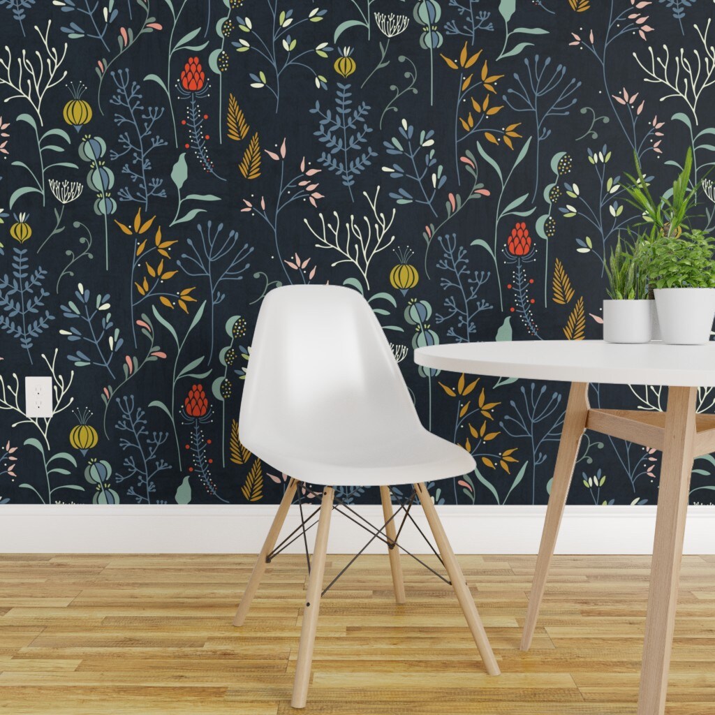 Pre-Pasted Wallpaper 2FT Wide Navy Wild Grasses Blue Nature Turquoise ...