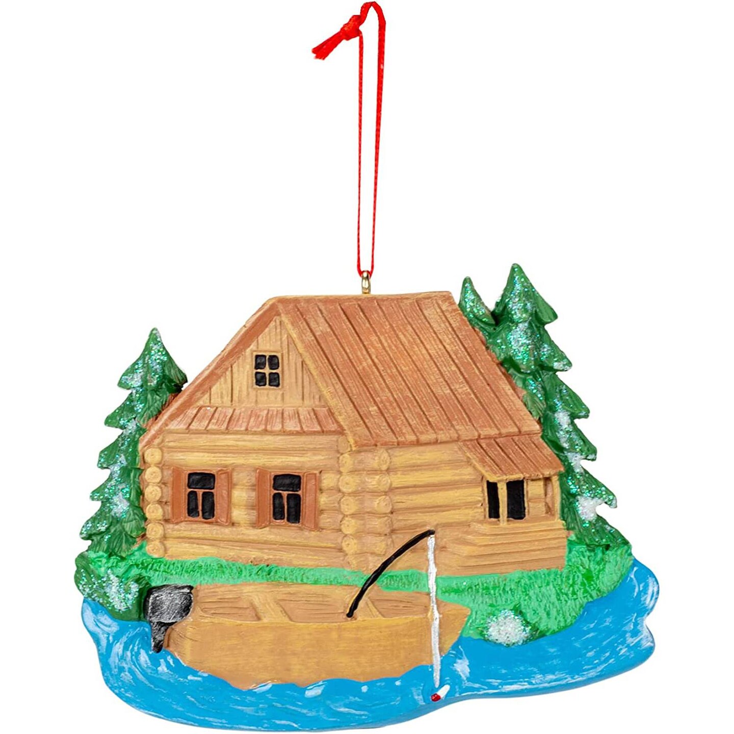Kurt Adler Log Cabin Ornament, Resin House in Woods with Fishing Boat ...