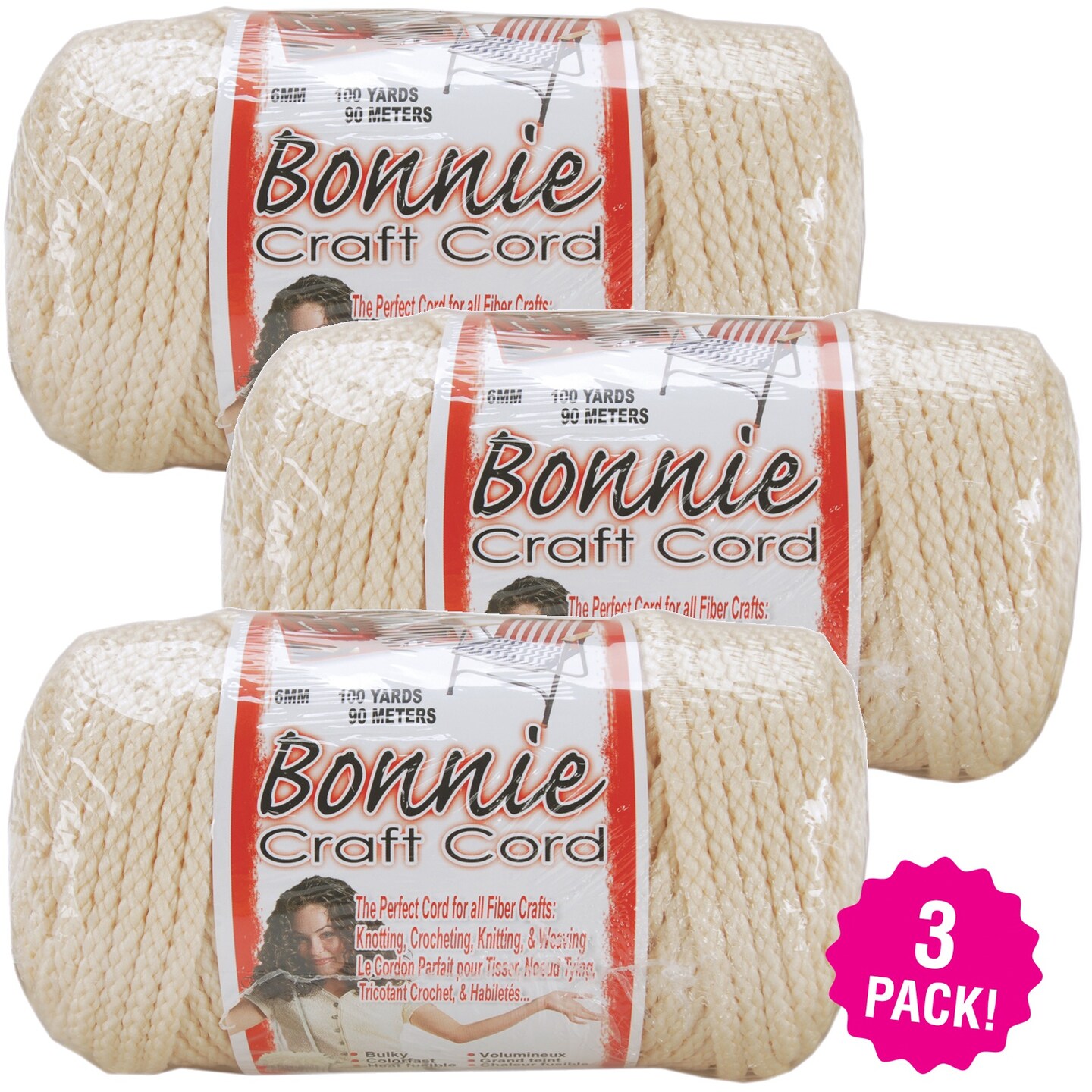 Multipack of 3 - Bonnie Macrame Craft Cord 6mmX100yd-Flesh (Cream ...