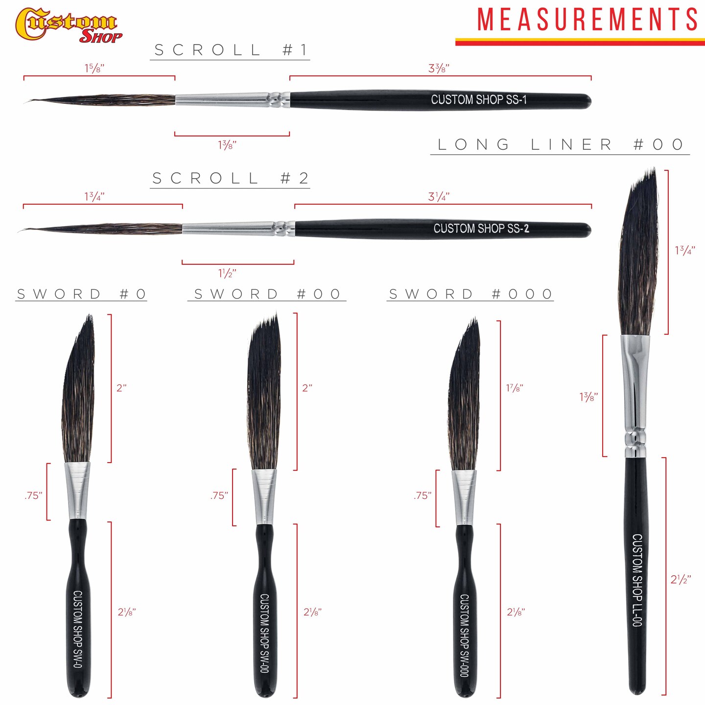 Custom Shop Pinstripe Brush Master Set (Sword #0, #00, #000, Scroll #1 ...