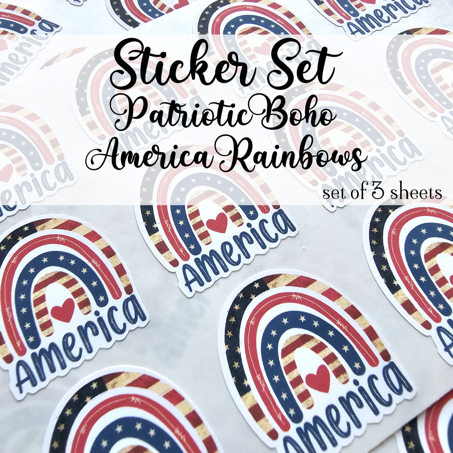Stationery Sticker Set : Patriotic Boho America Flag Rainbows ...