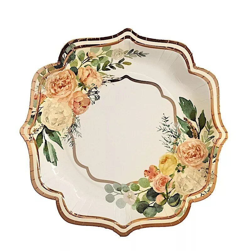25 WHITE 10" Floral Paper Salad DINNER PLATES ROSE GOLD Scallop Rim ...