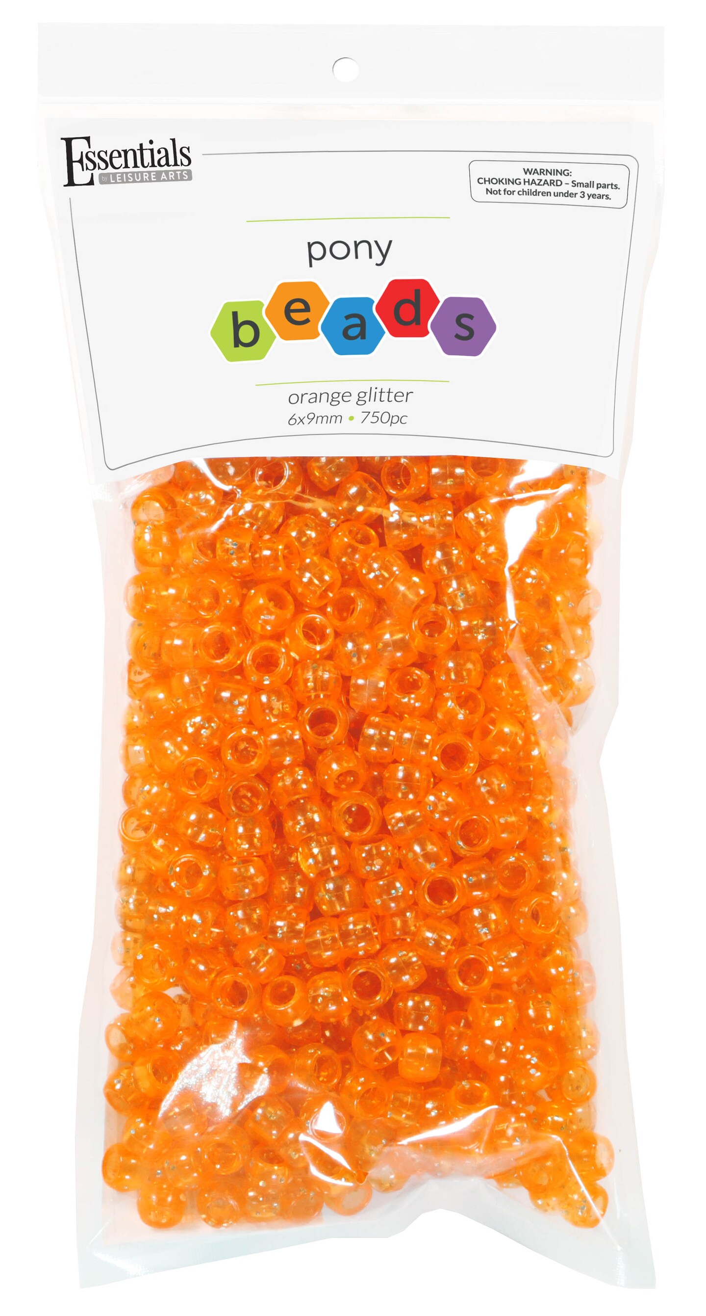 Essentials by Leisure Arts Pony Beads, 6x9mm, Glitter Orange, 750pc ...