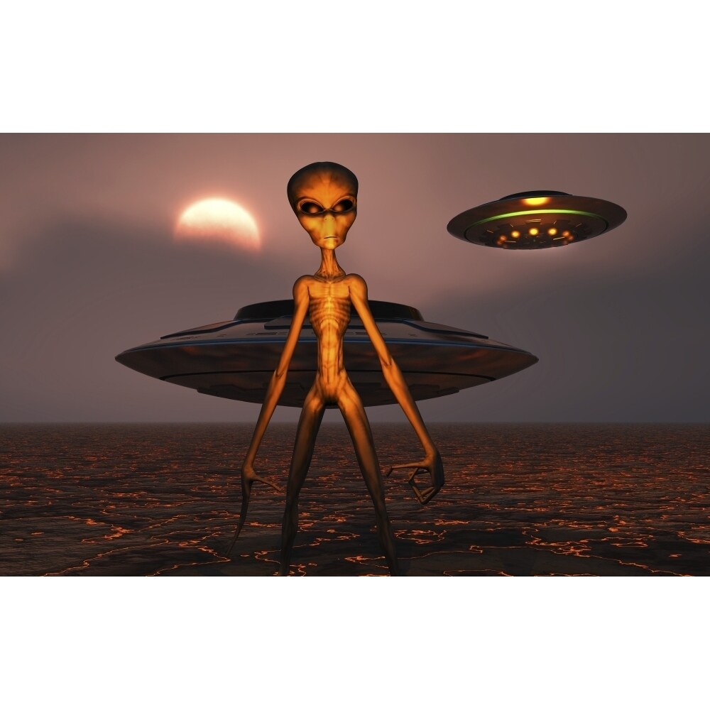 A Menacing Looking Grey Alien Exploring A Young Volcanic Planet. Poster ...