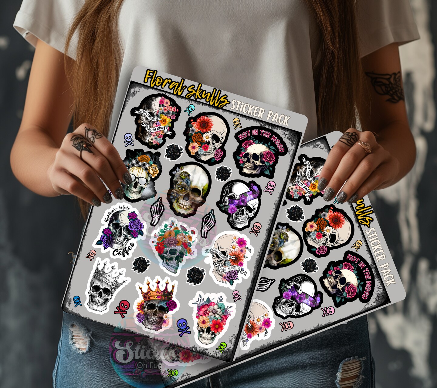 Sticker Pack Sheet: Floral Skulls, Gothic and Sarcastic Stickers ...