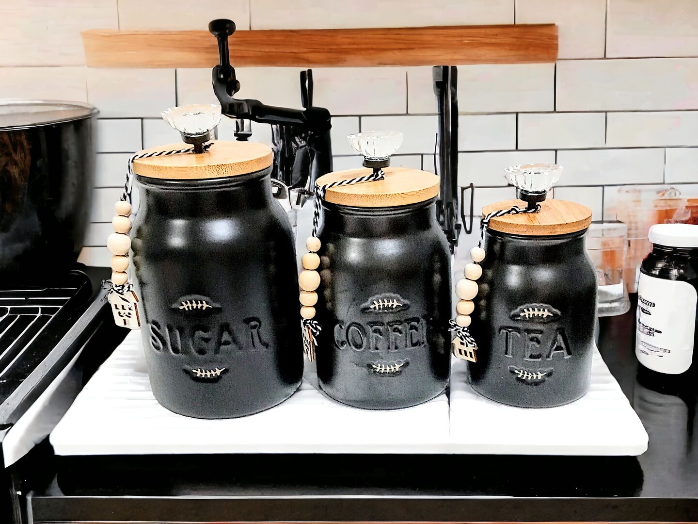 Black Ceramic Rustic Kitchen Canister Set Countertop Storage with Decorative Beads Mother s Day Wedding Housewarming Gift Ideas MakerPlace by Michaels