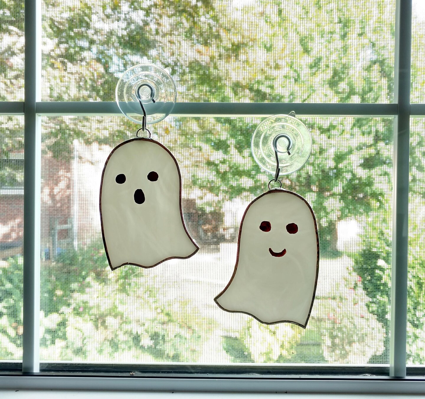 Stained Glass Ghost Suncatchers, Set of Two, Happy and Scary Face ...