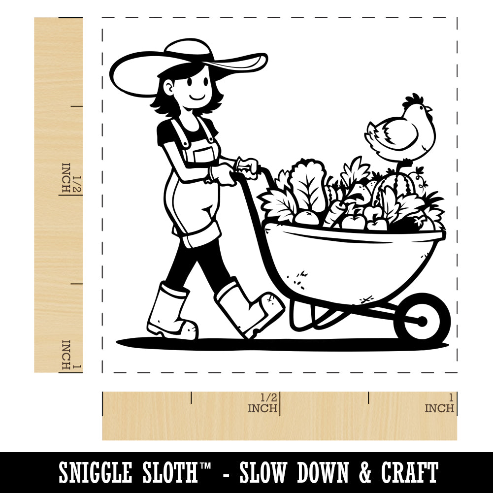 Gardener Farmer Girl with Wheelbarrow of Fruits Vegetables Chicken Self-Inking Rubber Stamp Ink ...
