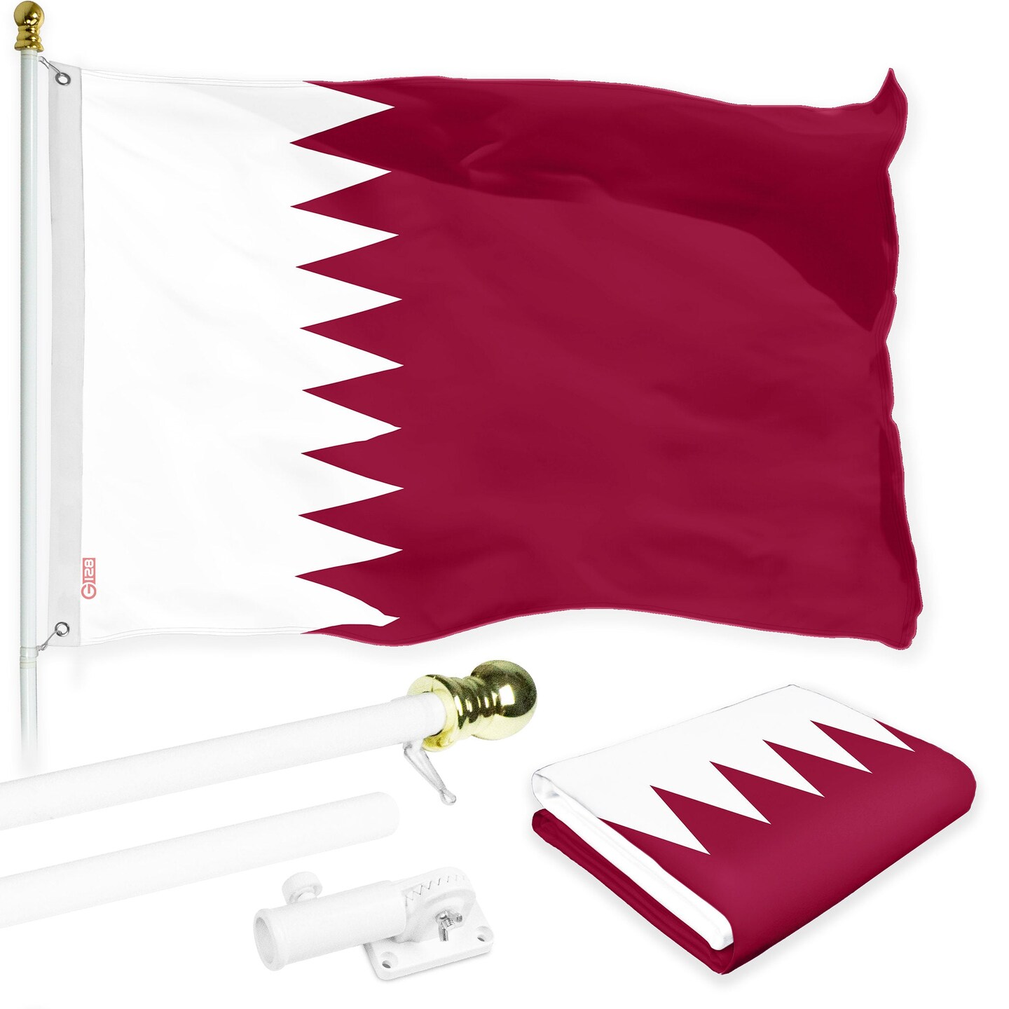 G128 Combo Pack: 6 Ft Tangle Free Spinning Flagpole (White) & Qatar ...