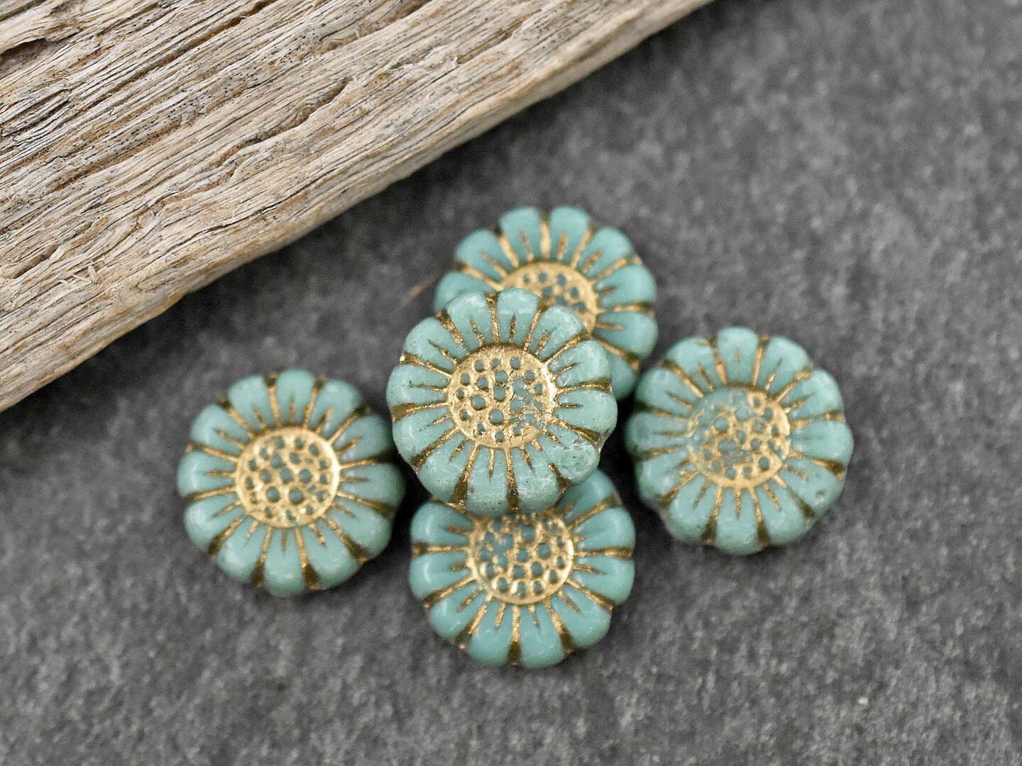 *12* 13mm Gold Washed Opaque Turquoise Sunflower Coin Beads | Michaels
