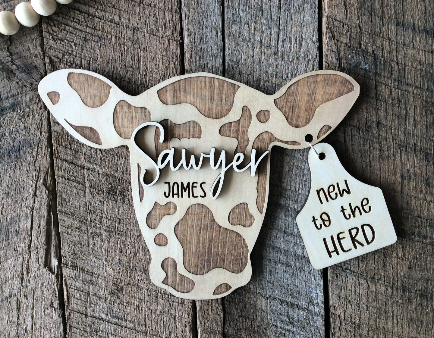 Cow Tag Baby Milestones, Birth Announcement Sign, Engraved Wood Monthly ...