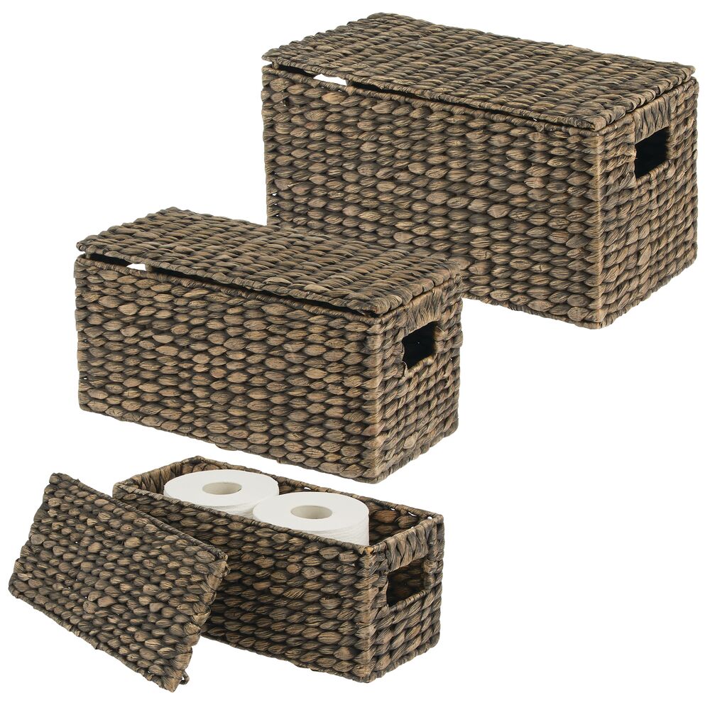 mDesign Woven Water Hyacinth Storage Basket, Lid/Handles, Set of 3 ...