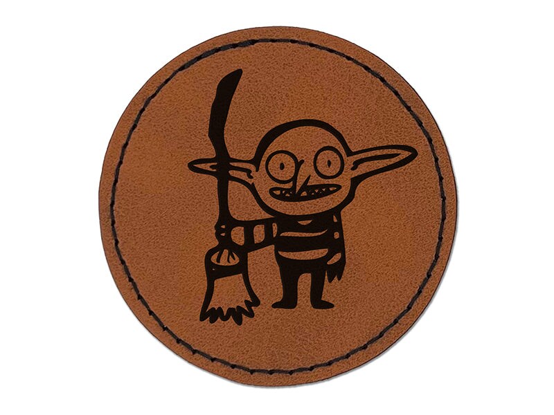 Creepy Goblin With Witch Broomstick Round Iron-On Engraved Faux Leather ...