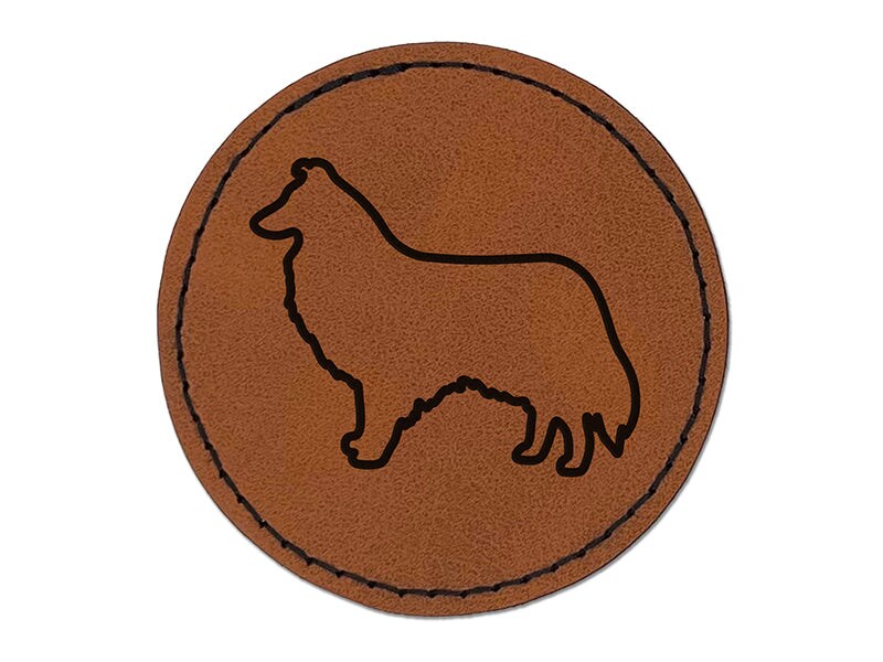 Rough Collie Dog Outline Round Iron-On Engraved Faux Leather Patch ...