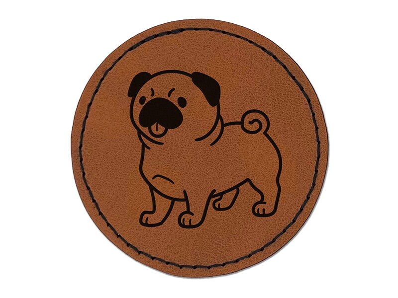 Pug Standing with Tongue Out Dog Round Iron-On Engraved Faux Leather ...