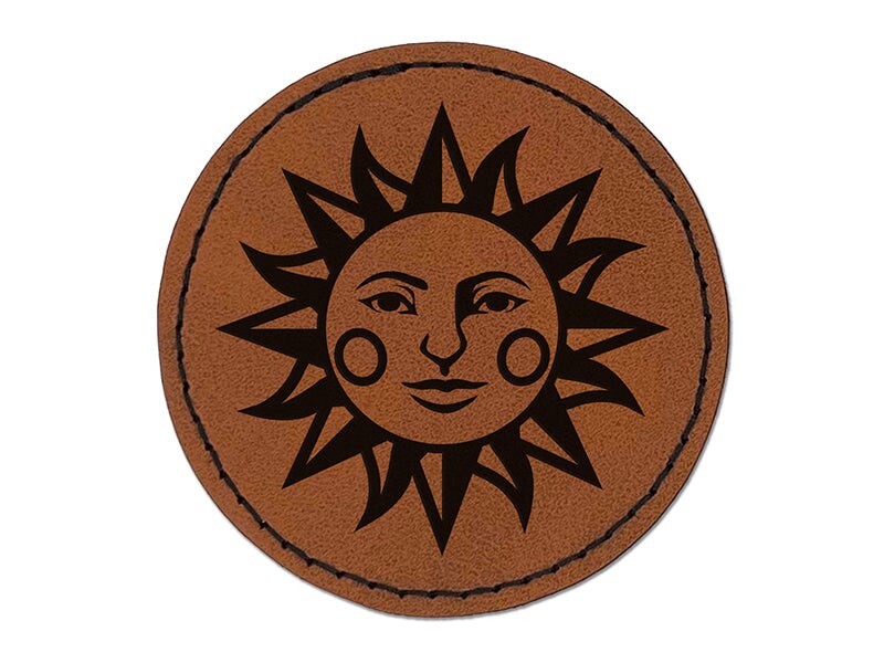 Heraldic Sun Face Round Iron-On Engraved Faux Leather Patch Applique ...