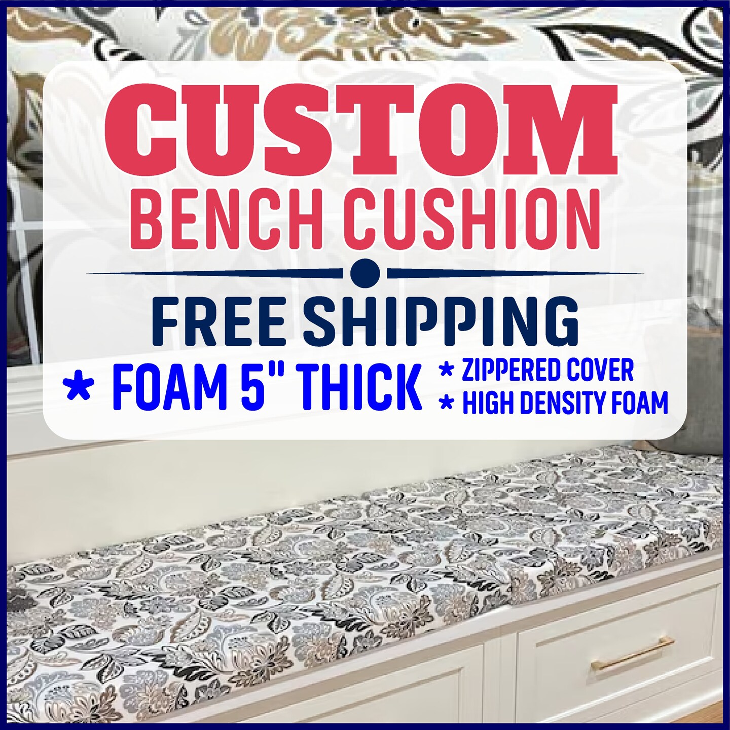 5" Thick Custom Bench seat Cushion with Zipper - Window seat cushion ...