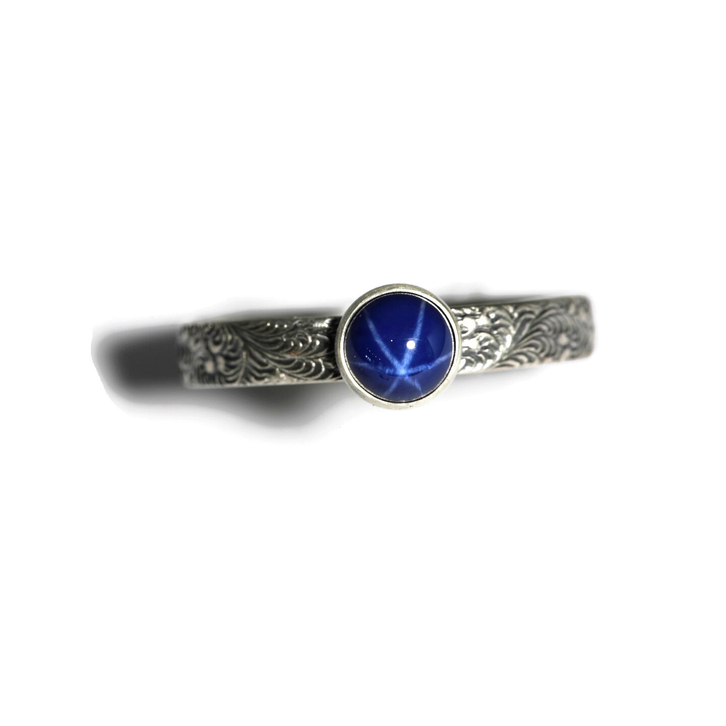 6mm Created Blue Star Sapphire Ring Fern Pattern Vintage Silver by ...