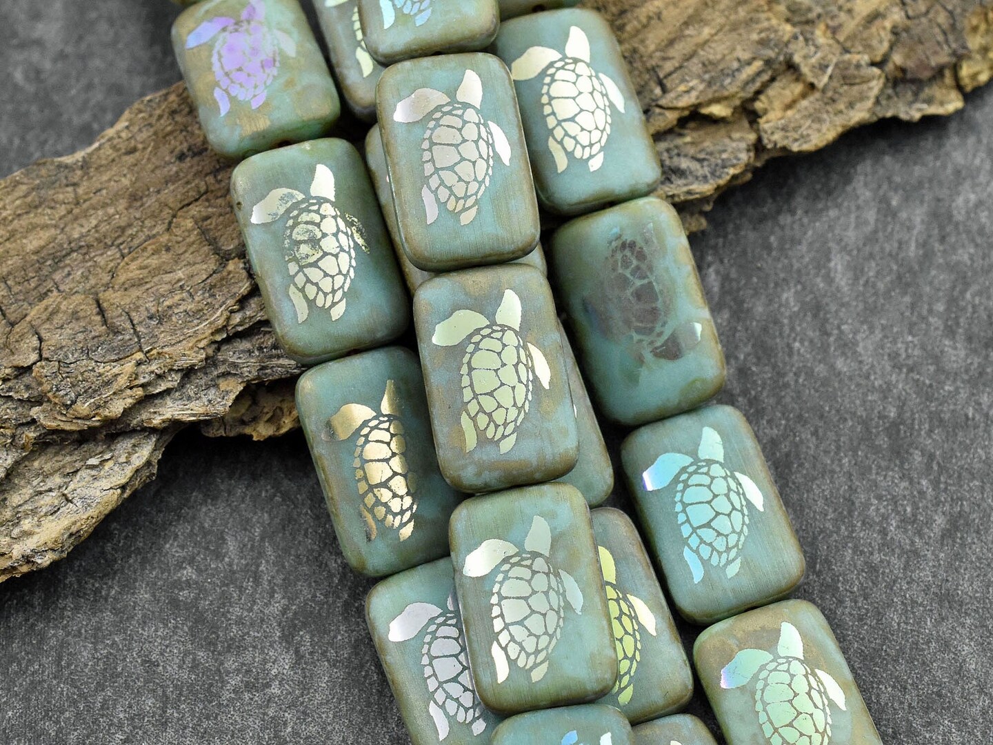 *6* 18x12mm Opaque Turquoise Picasso AB Laser Tattoo Turtle Rectangle ...