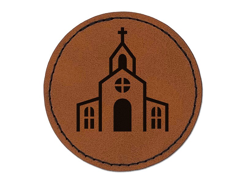 Church Building Round Iron-On Engraved Faux Leather Patch Applique - 2. ...
