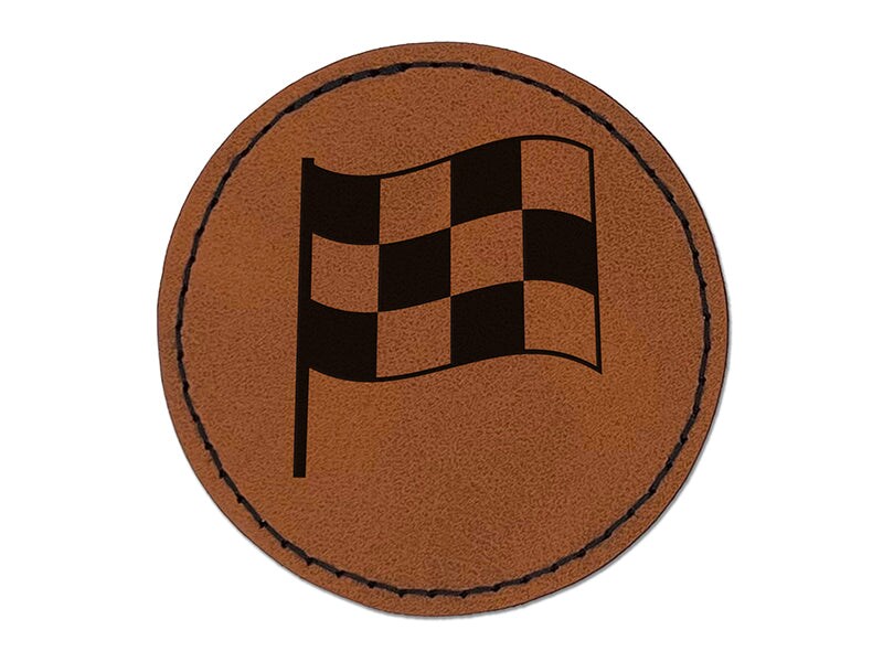 Waving Checkered Flag Round Iron-On Engraved Faux Leather Patch ...