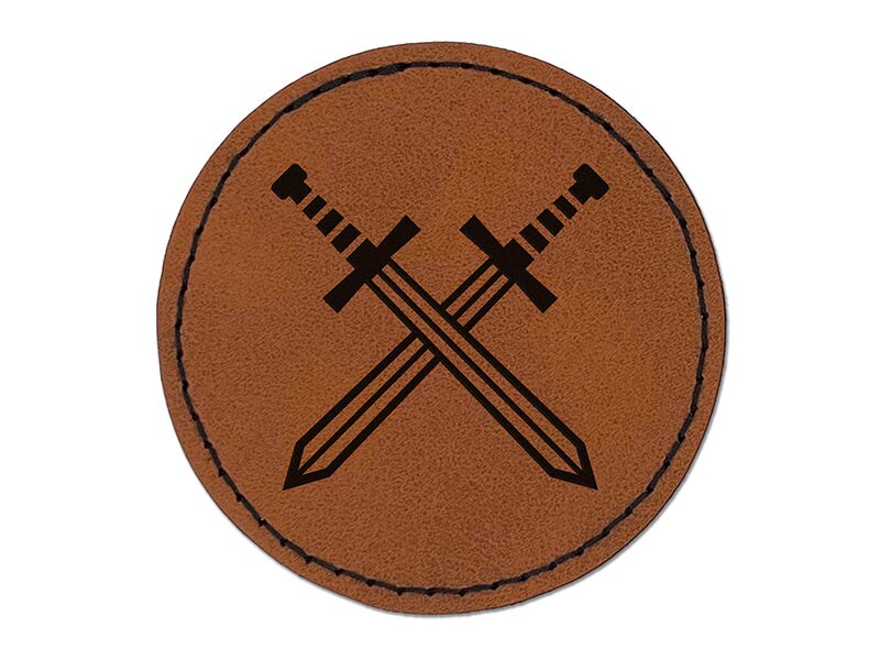Crossed Swords Battle Icon Round Iron-On Engraved Faux Leather Patch ...