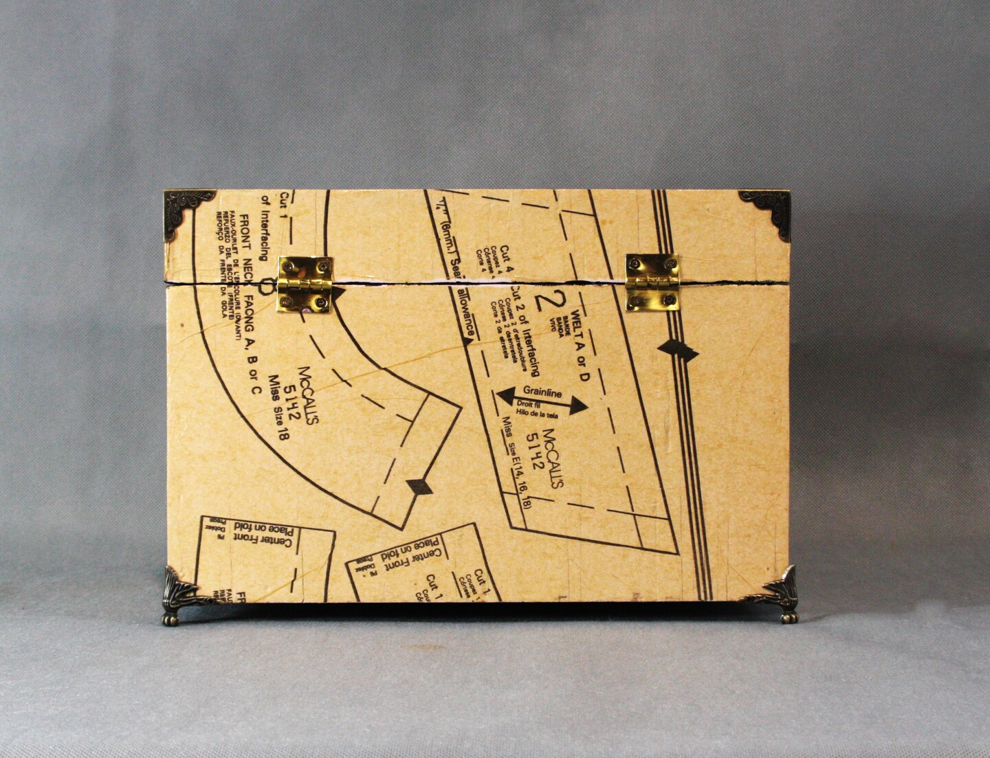 Storage box, Decoupaged wood box, Vintage sewing patterns, buttons, up ...