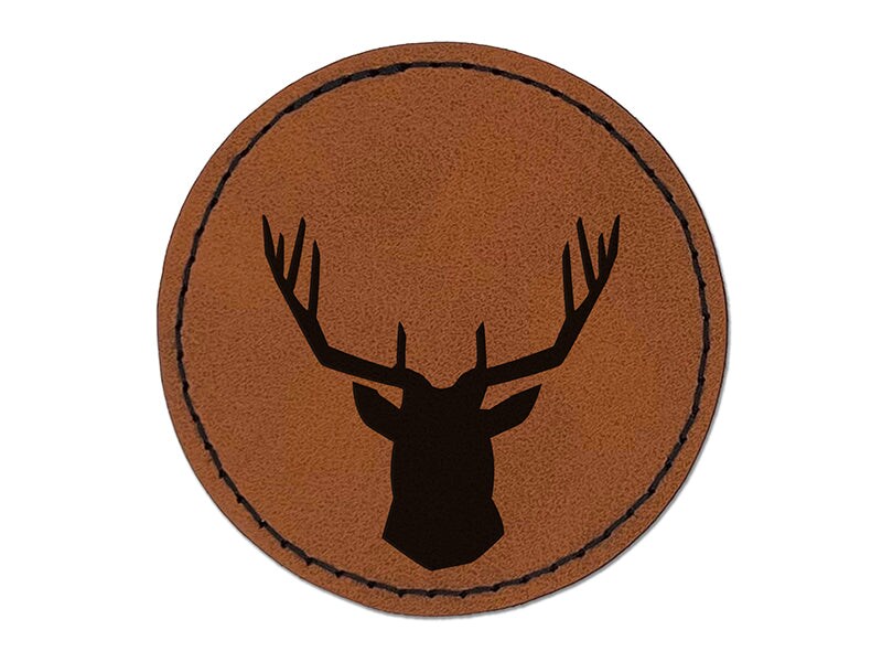 Deer Stag Head Solid Round Iron-On Engraved Faux Leather Patch Applique ...