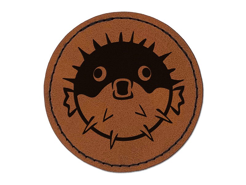 Startled Puffer Fish Round Iron-On Engraved Faux Leather Patch Applique ...